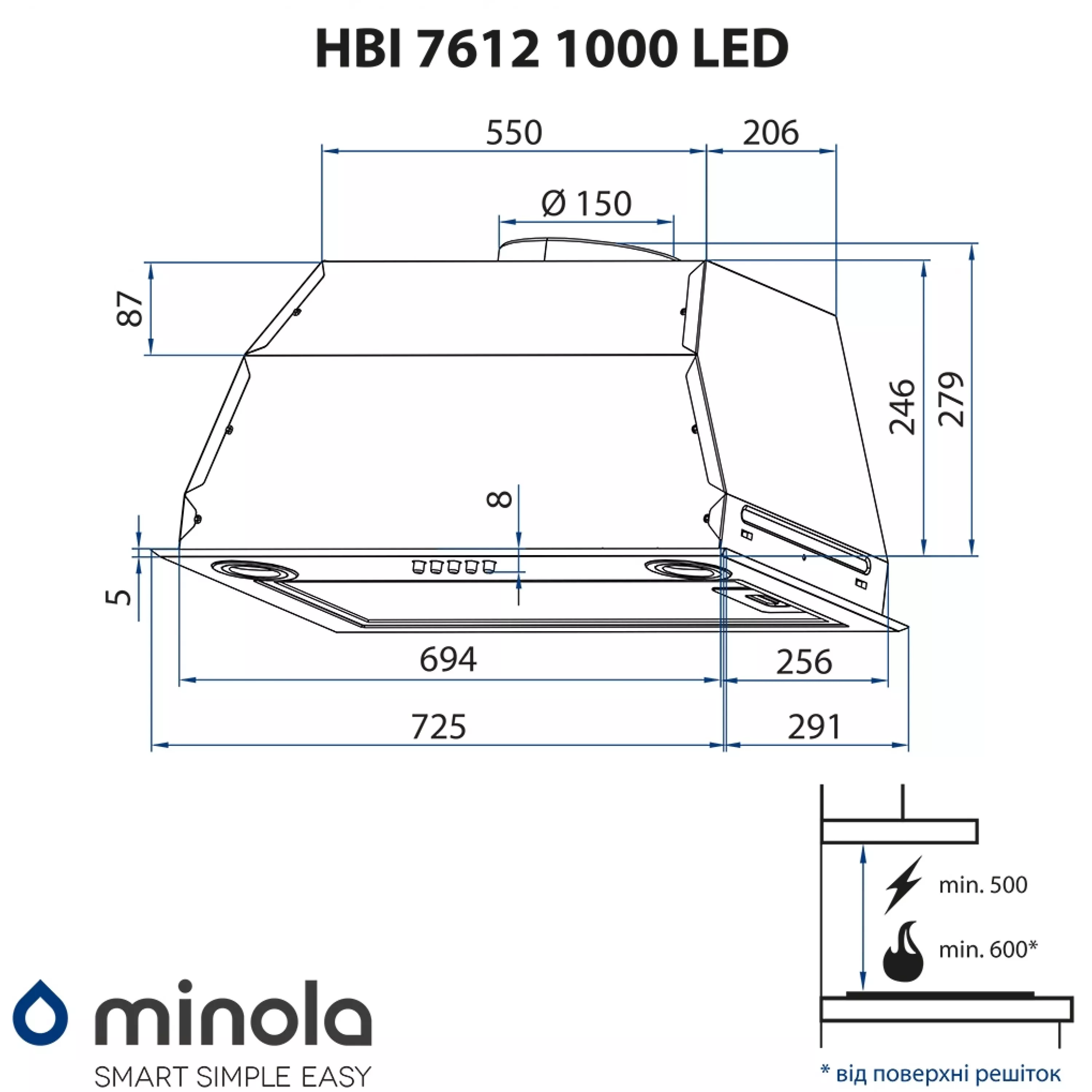 Повновбудована витяжка Minola HBI 7612 BL 1000 LED від найкращого виробника